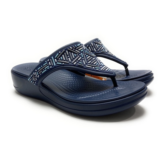 CROCS | Shoes | Crocs Womens Monterey Beaded Navy Blue Wedge Flip Flop ...